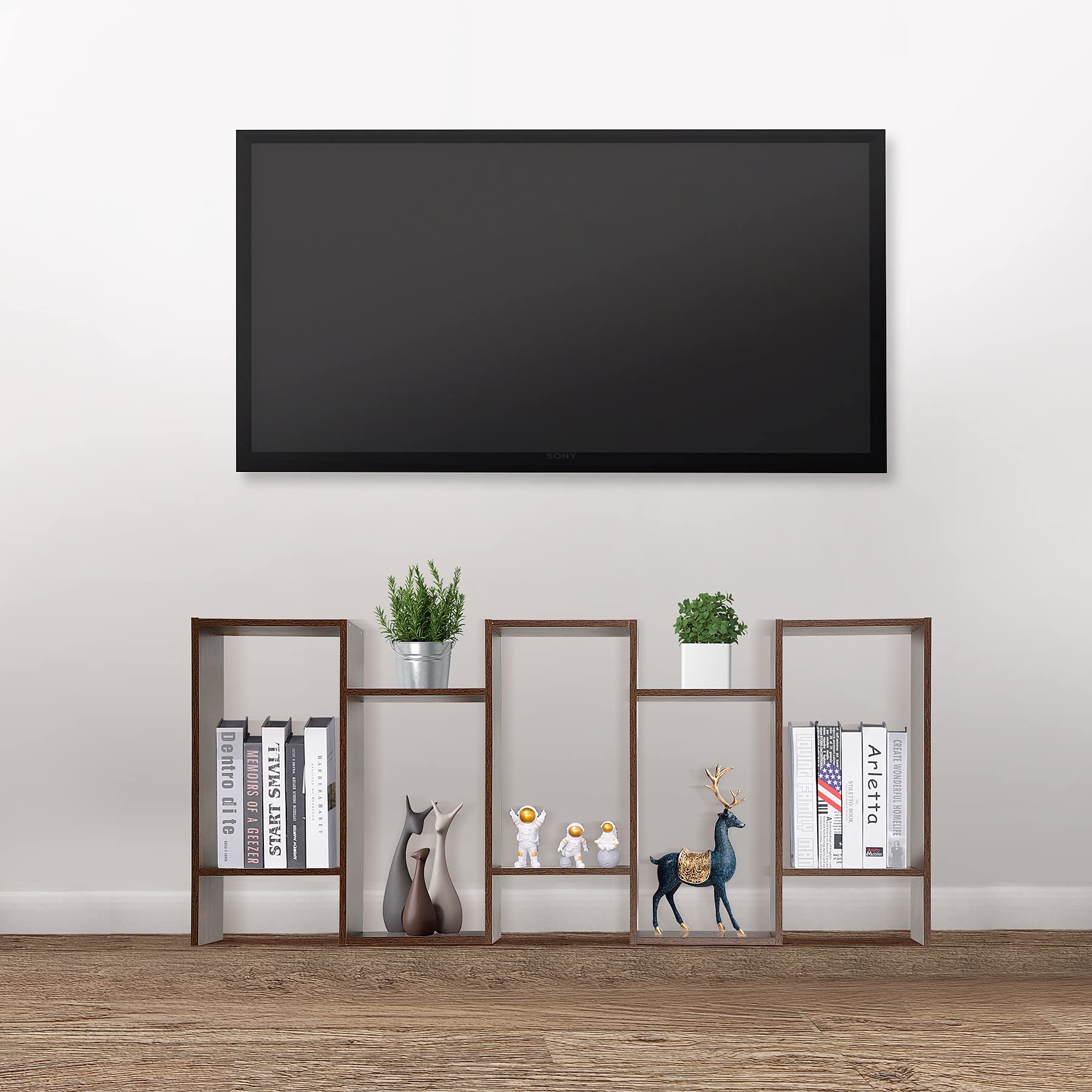 Epetlover 5 Tier Bookshelf S-Shaped Geometric Bookcase Wooden Floor Standing Open Shelf Bookshelves Display Storage Shelf & DVD Shelves for Living Room Bedroom Office, Rustic Brown