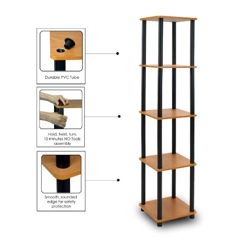 FURINNO Turn-N-Tube 5-Tier Corner Square Rack Display Shelf, Round, Light Cherry/Black