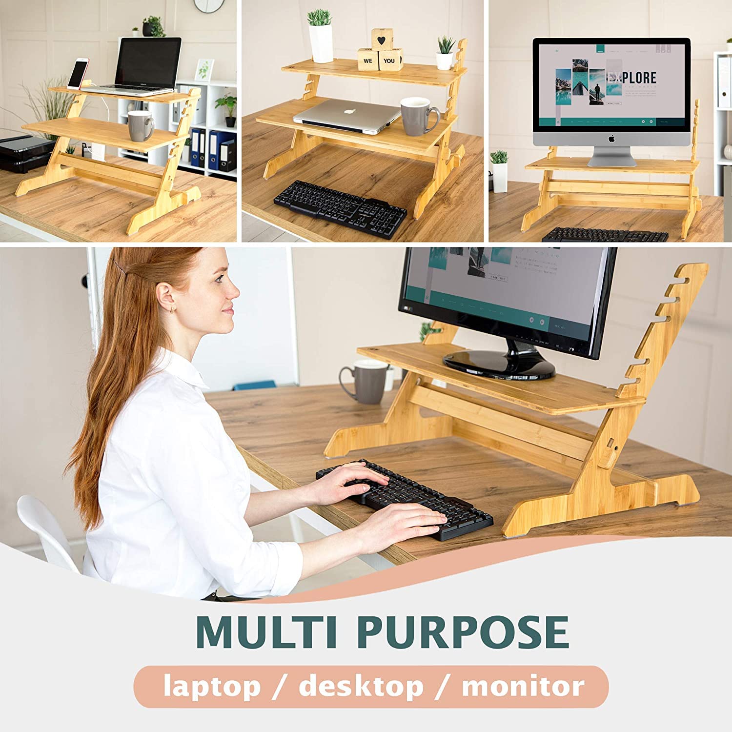 Crew & Axel Standing Desk Converter Bamboo Adjustable Sit Stand Desk Riser - Great for Laptops, Monitors Home or Office 19" High 26" Wide with Tablet & Phone Stand
