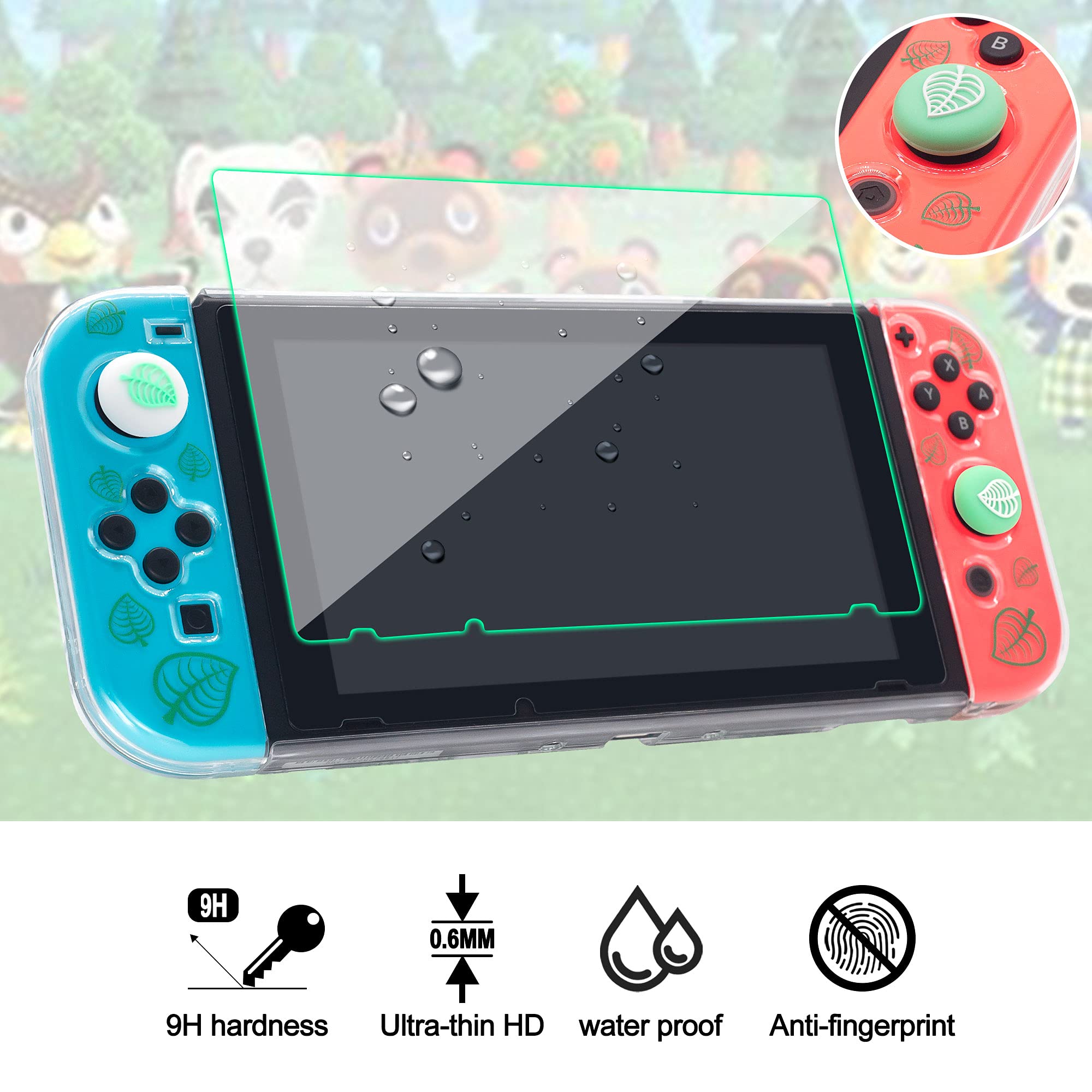Carry Case for Nintendo Switch，With Animal Crossing Green Leaf Protective Storage Bag with Docking Clear Cover Crystal Shell & Screen Protector & Thumb Grips