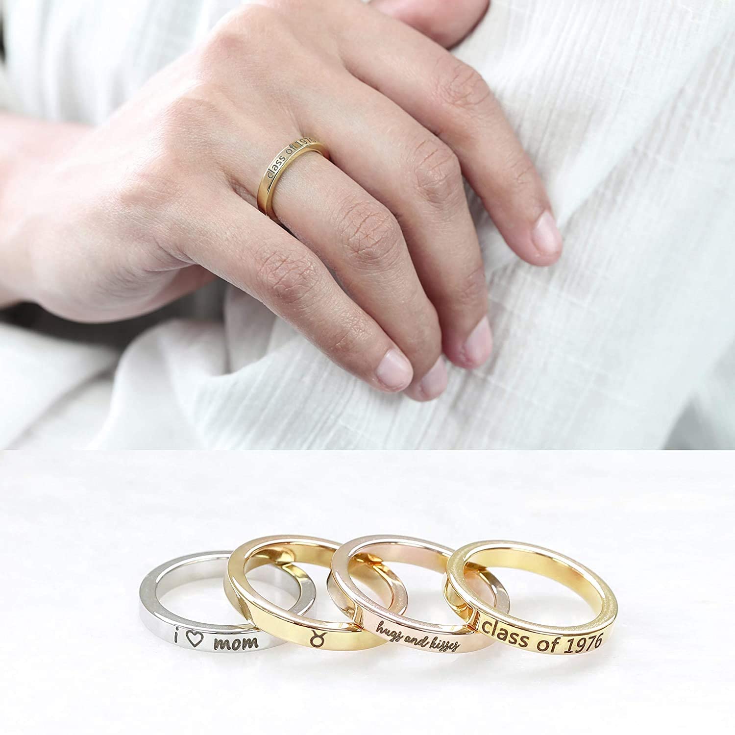 MignonandMignon Personalized Engraved Rings for Women Friendship Matching Rings Custom Coordinate Stacking Best Friend Memorial - R4