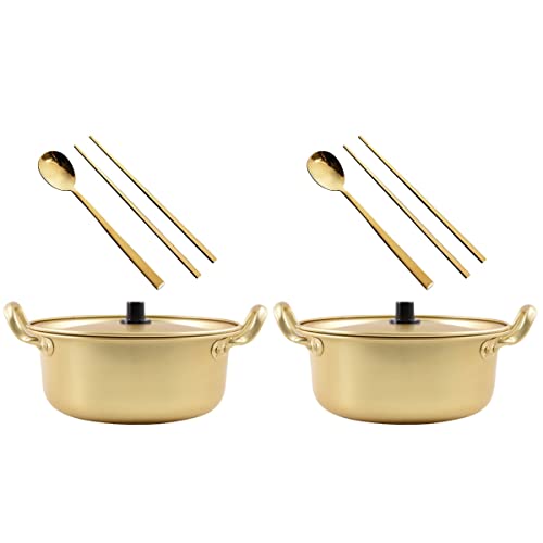 Hemoton 2 Sets Ramen Pot, Korean Ramen Cooking Pot with Lid Spoon and Chopsticks (1pair), Korean Ramen Noodle Pot Korean Stockpots with Double Handle (6.3inch/ 16cm)