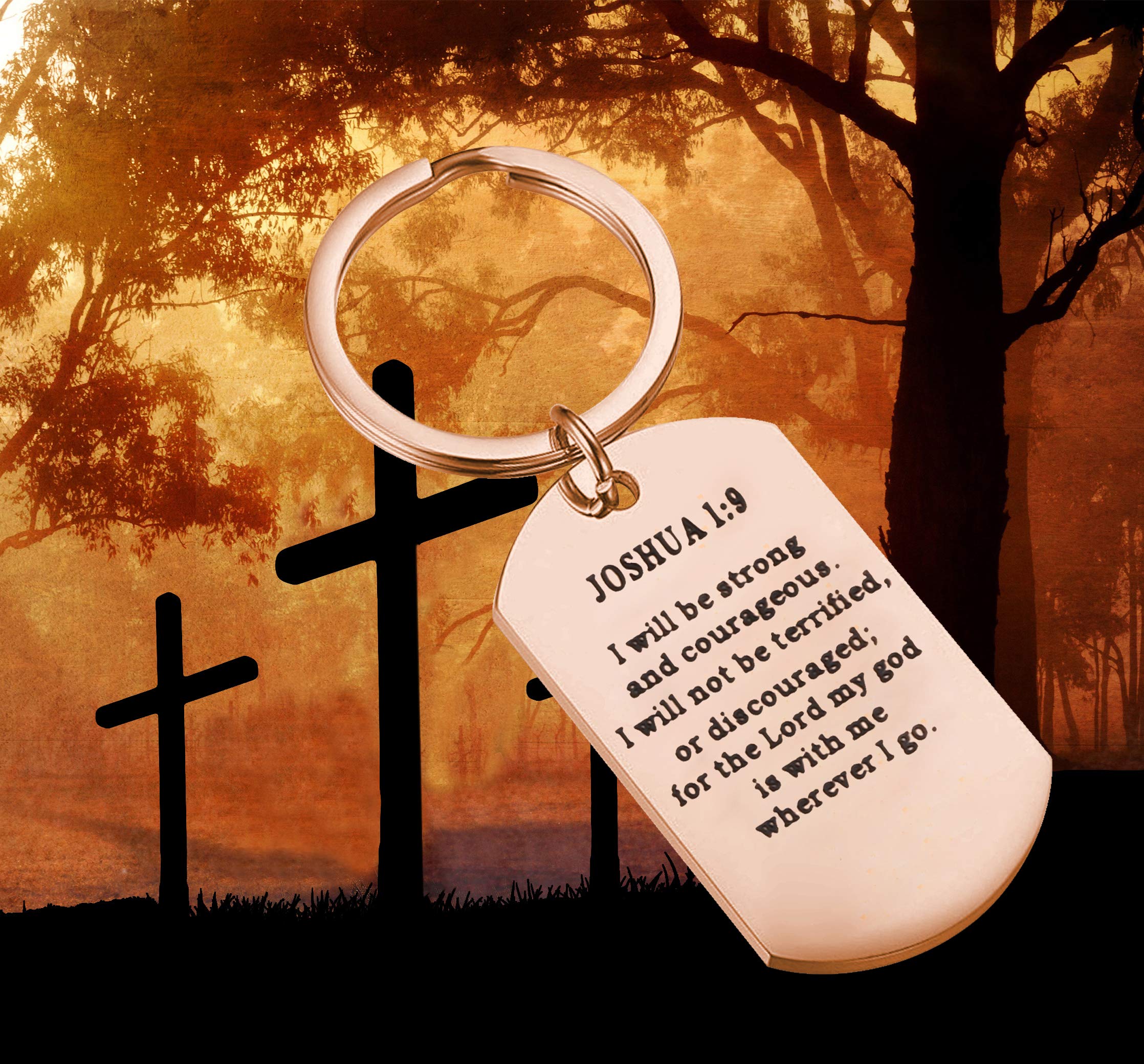 BEKECH Joshua 1:9 Bible Verse Keychain I Will Be Strong And Courageous Dog Tag Keychain Religious Jewelry Christian Keyring Gift (rose gold)