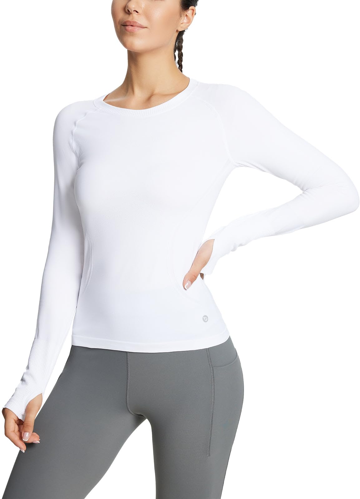 BALEAF Women's Long Sleeve Workout Athletic Seamless Shirts Tight Yoga Running Gym Fitted Tops with Thumb Holes White S