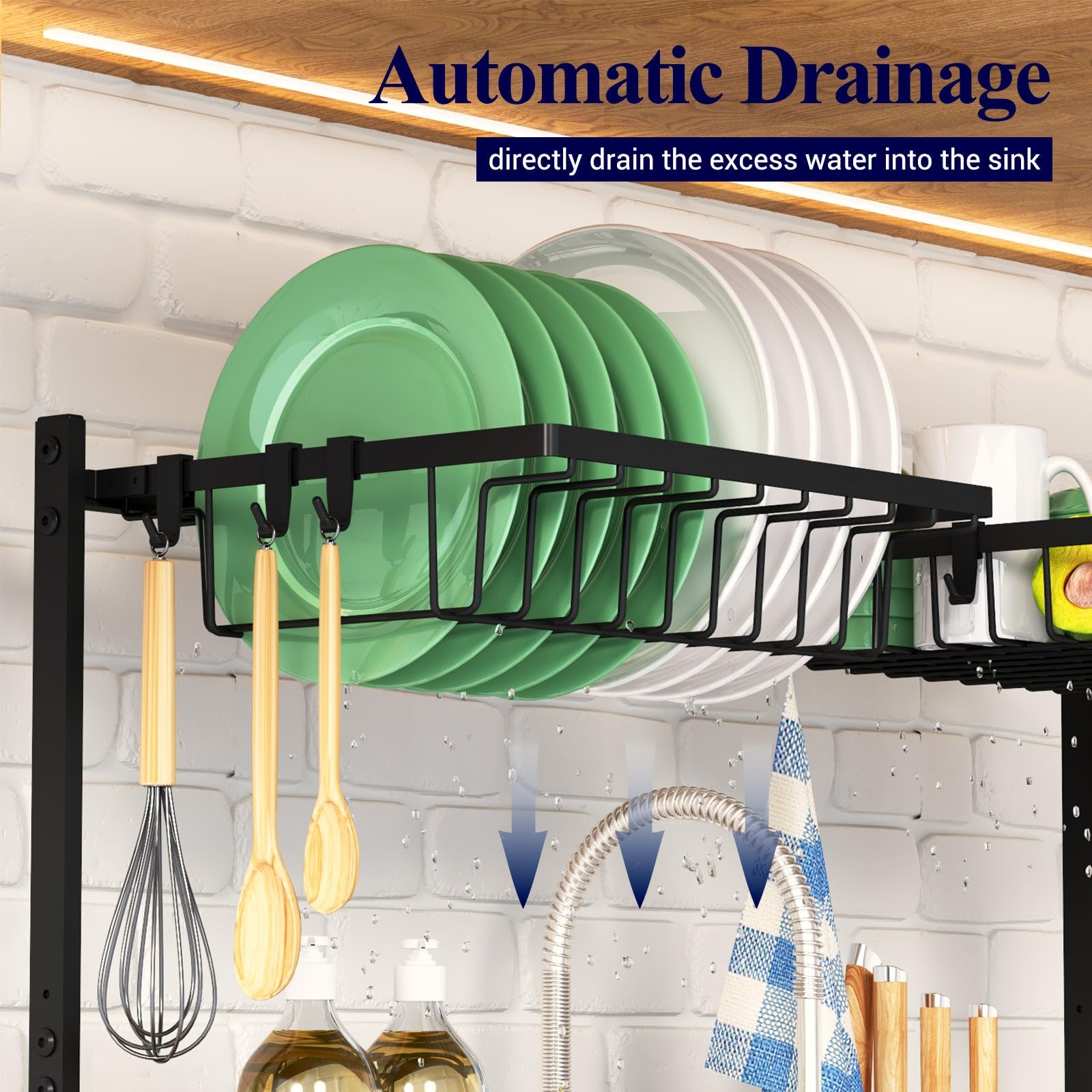 Kitsure Over The Sink Dish Drying Rack - 23.6" to 35"x21.2", Adjustable Sink Drying Rack for Kitchen Sink with Large Capacity, 2-Tier Dish Rack Over Sink with Multifunctional Baskets,Black