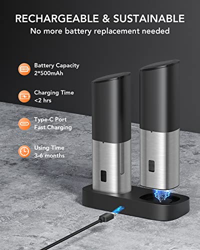 Gravity Electric Salt and Pepper Grinder Set, ππ©π π«ππππ Large Capacity, USB Rechargeable Automatic One Hand Operated, Adjustable Coarseness, Auto Dust Lid, LED Light, Stain Steel Grey, 2 Mills