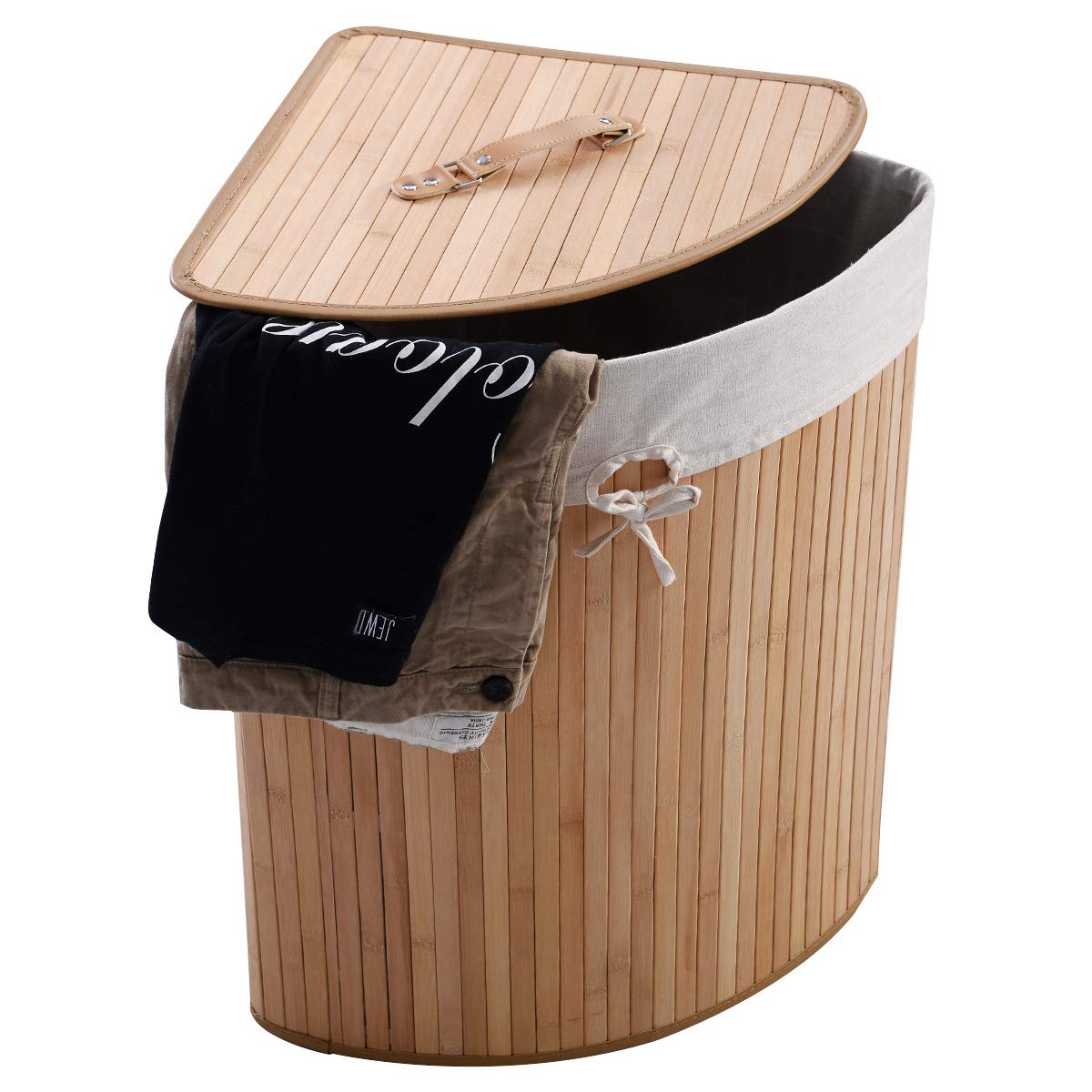 GOFLAME Corner Bamboo Laundry Hamper with Lid and Removable Liner, Washing Clothes Basket Storage Bin with Handle, Suitable for Bedroom, Bathroom, Laundry (Natural)