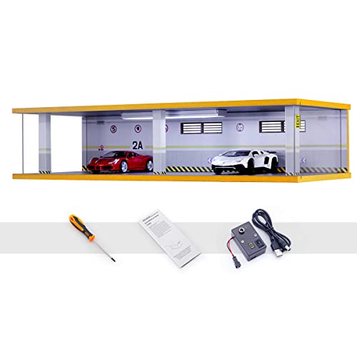 Giorkecl 1/32 Model Car Display Case，Model Car Parking Lot Garage，Display Case for Diecast Cars，6 Parking Space Acrylic Toy Garage with LED Light