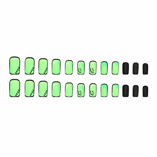 Foccna Comic Press on Nails Medium, Acrylic Fake Nails Square Cartoon False Nails Green,Artificial Nails for Women and Girls- 24 pcs