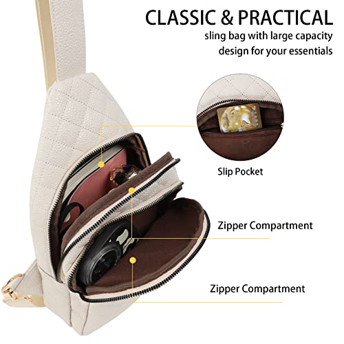 EMBRUNIOICE PU Leather Sling Bag for Women Quilted Crossbody Sling Backpack for Cycling Hiking Travel(Cream)