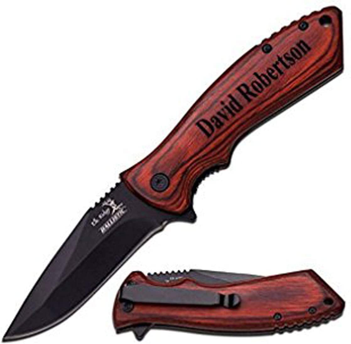Blue Steel Personalized Laser Engraved Pocket Knife with Stonewashed Blade, Brown wood Handle with Pocket Clip, Gift for Him, Color Code- ER-004PW (ER-002PK)