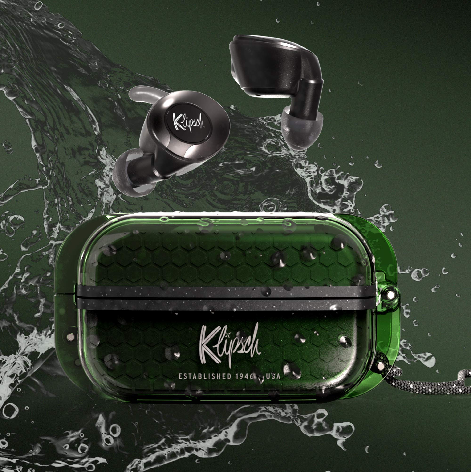 Klipsch T5 II True Wireless Sport Earphones in Green with Dust/Waterproof Case & Earbuds, Best Fitting Ear Tips, Ear Wings, 32 Hours of Battery Life, and Wireless Charging Case