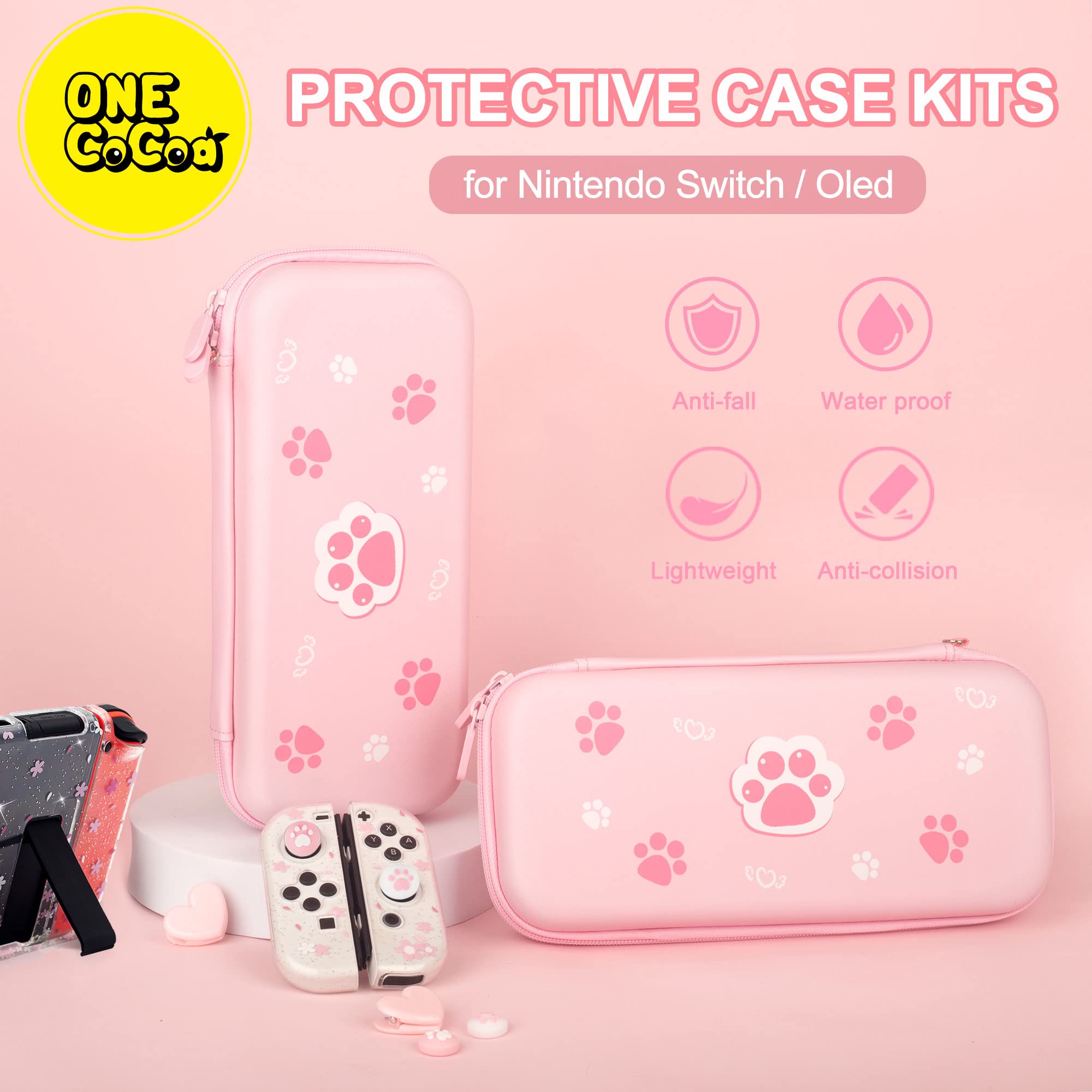 BRHE Cute Cat Paw Switch Carrying Case Pink for Nintendo Switch OLED Model 2021/Switch 2017, Portable Protective Hard Shell Girl Bag with Pendant and Thumb Grip Caps