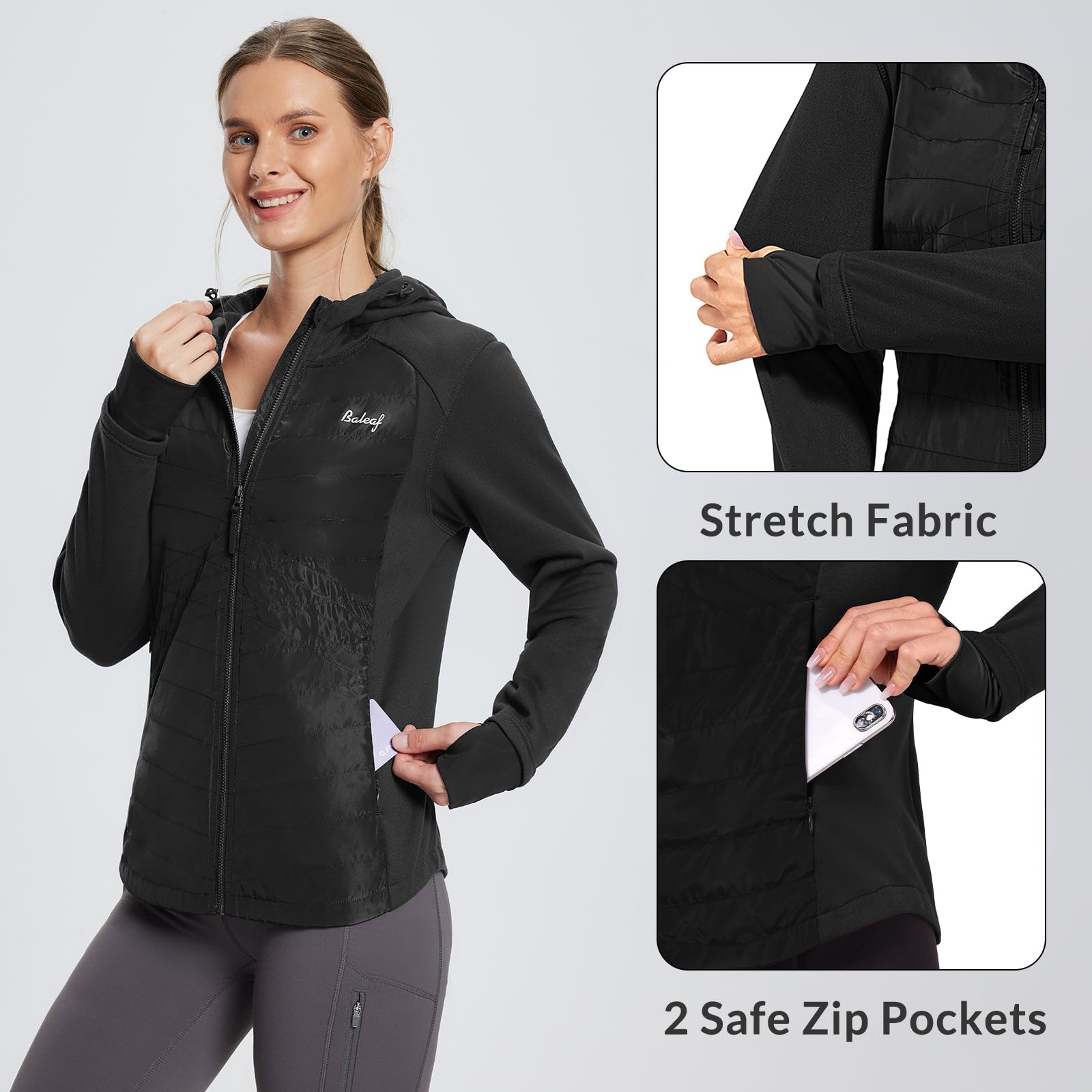BALEAF Women's Insulated Running Puffer Jackets Hybrid Down Jacket Hiking Stretch Zip Pockets Fleece with Hoodie Cold Weather Black M