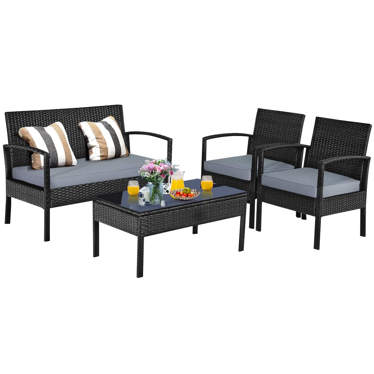 DORTALA 4 Piece Patio Furniture Set, Outdoor Rattan Wicker Conversation Set with Cushion & Coffee Table, Chairs and Table Set for Courtyard Balcony Garden, Black