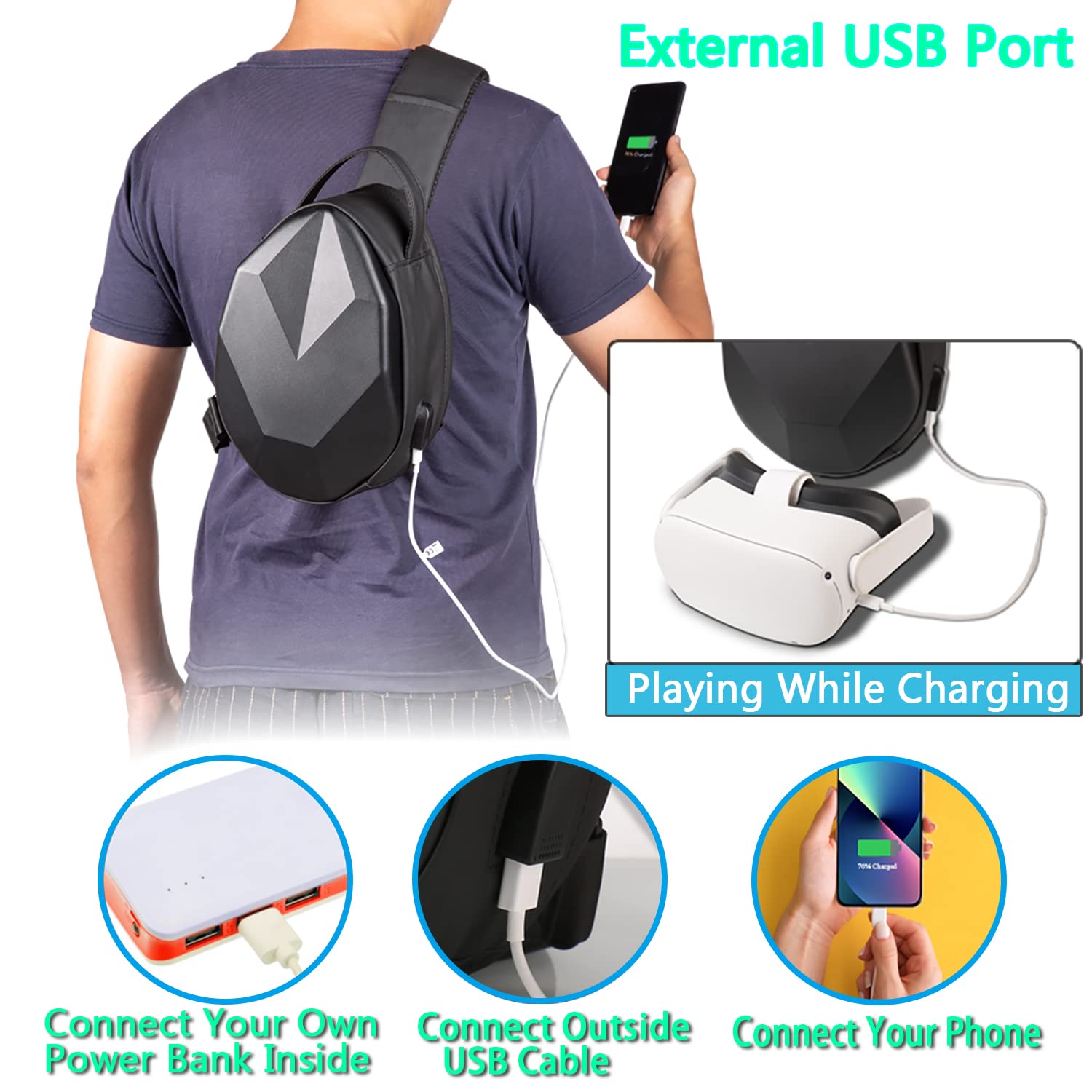 Carrying Case for Oculus Meta Quest 3, Quest 2, Vision Pro, Hard Crossbody Travel Bag for Meta Quest Pro Gaming Headset and Controllers, Lightweight VR Accessories with Portable USB Charging Port