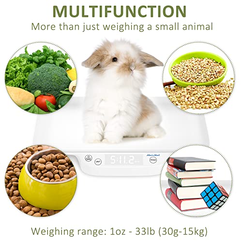 MomMed Digital Pet Scale, Portable Pet Dog Cat Scale with Hold and Tare Function, Precision Digital Scale, New Born Puppy and Kitten Scale with Tray for Puppy/Hamster/Little Bird/Rabbit, 1oz - 33lb