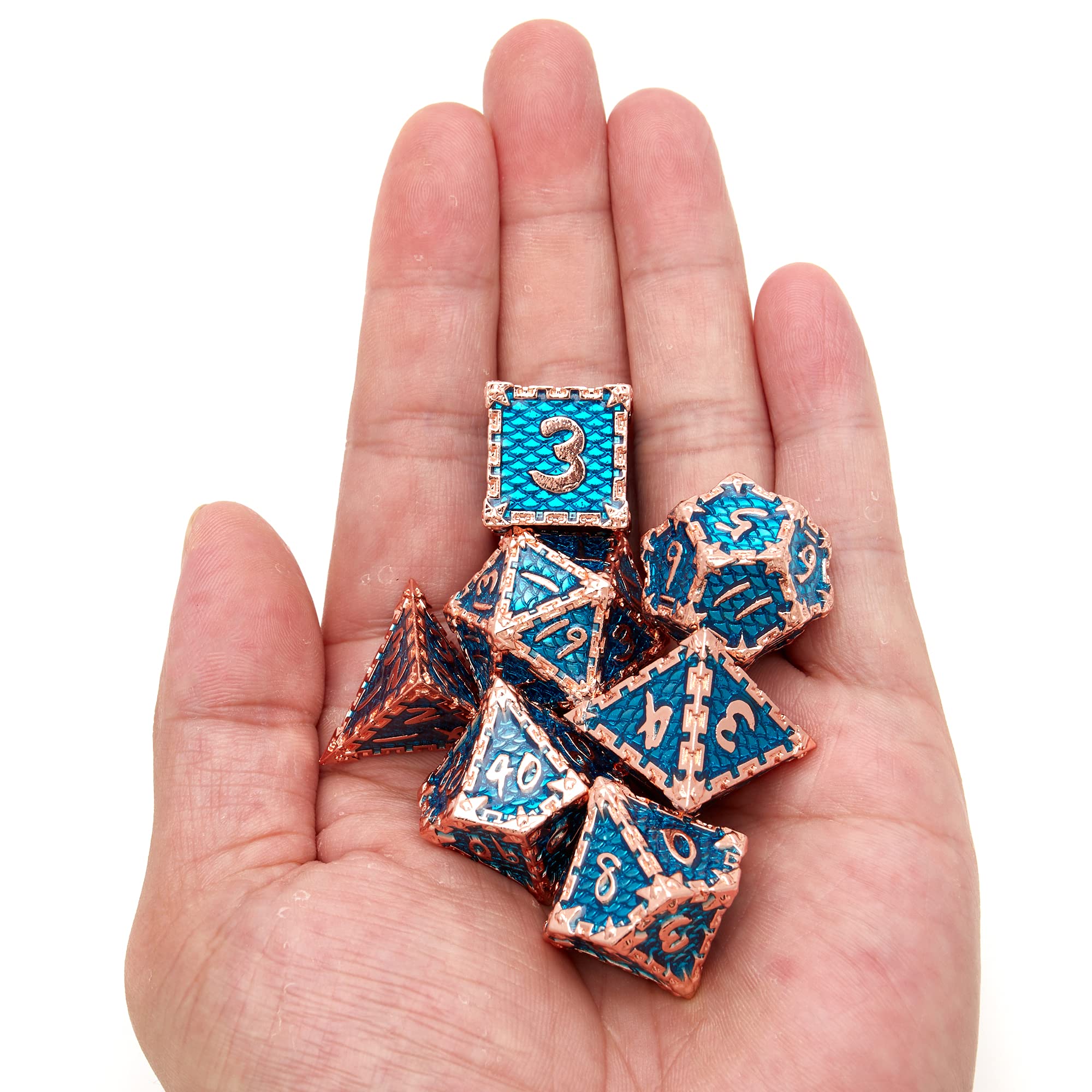 Ouyide Metal dice, DND dice Set, Dragon Skin Scale Iron Chain, Suitable for Role-Playing Dungeons and Dragons dice Set Game(Rose Gold Rim + Blue)