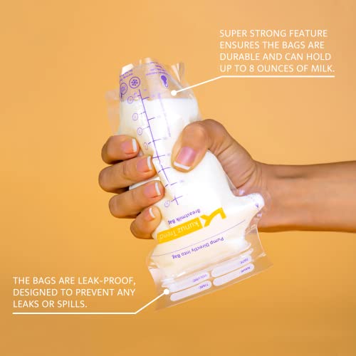 Kunuz Trendz Breastmilk Storage Bags - 250-Count, 8oz/240ml, Pre-Sterilized Breast Milk Pouches with Temperature Sensor, Dual Zip-Locking Seal,Capacity Markings - Nursing & Breastfeeding (250 Count)