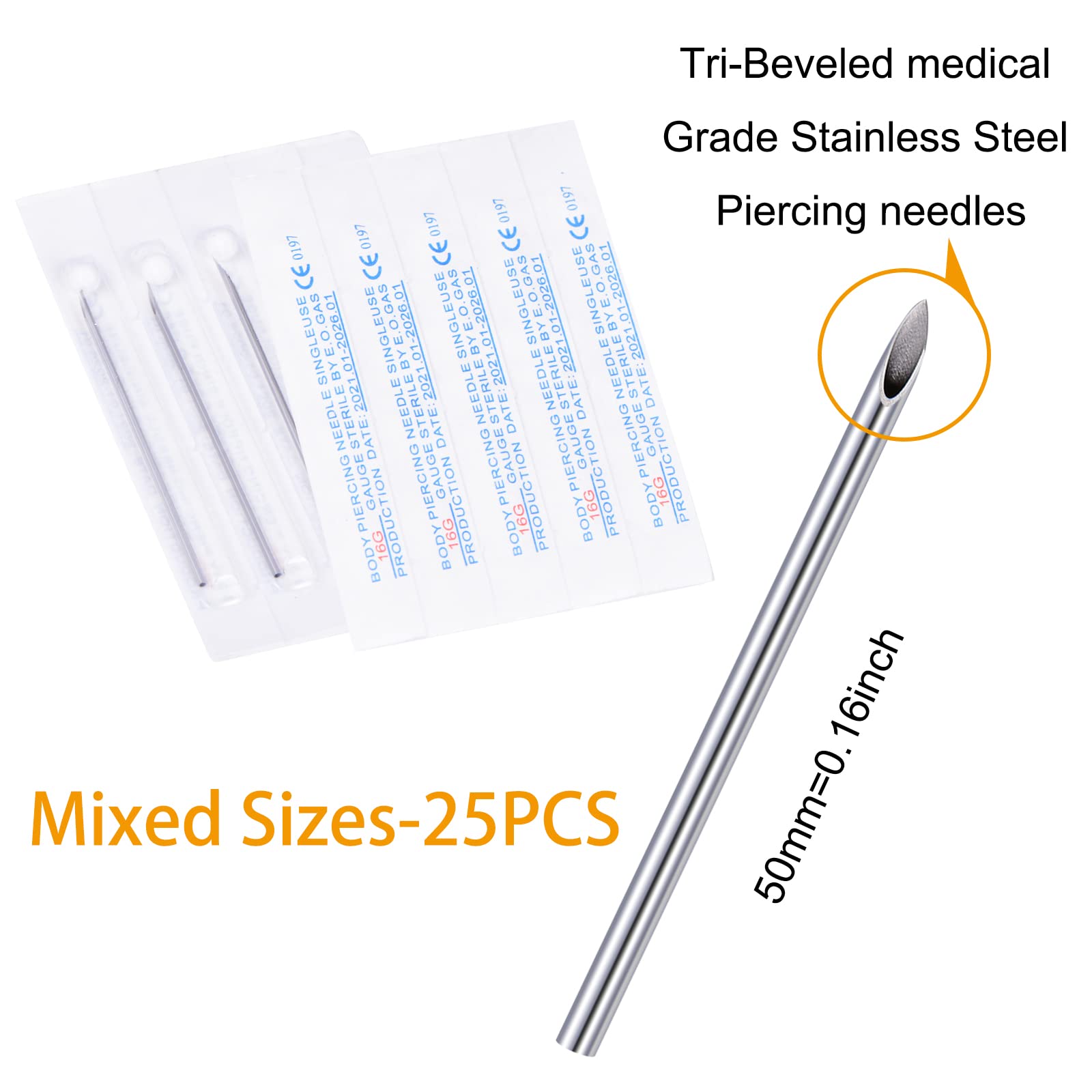 JIESIBAO 25PCS Mixed Piercing Needles, 12G 14G 16G 18G 20G Disposable Sterile Stainless Steel Hollow Piercing Needles for Ear Nose Septum Belly Tongue Eyebrow Nipple Lip Piercing