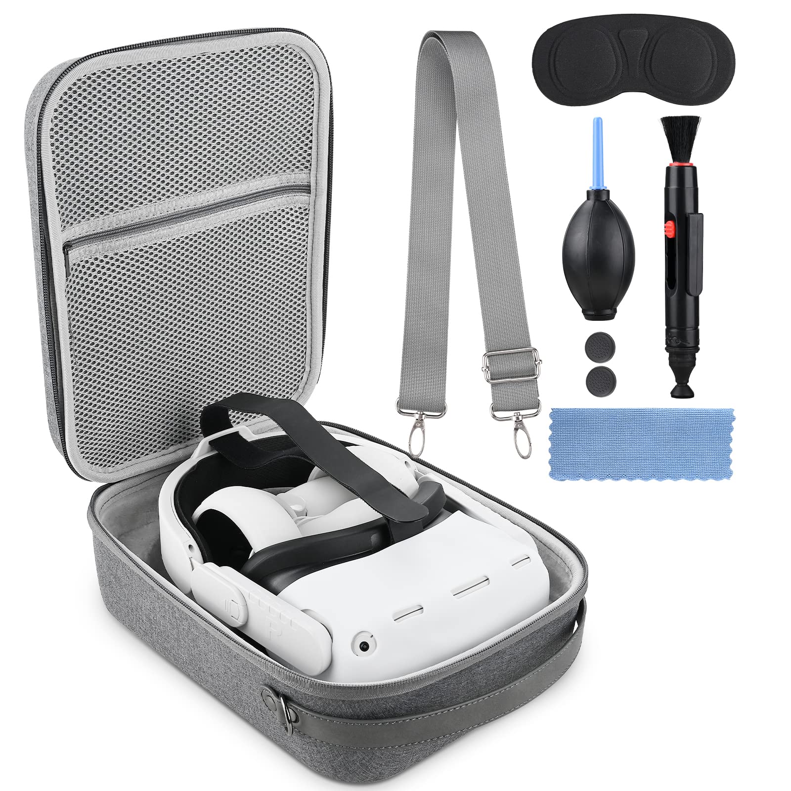 Carrying Case for Oculus Quest 2, Fits Official Elite Strap, Portable Hard Case for VR Headset Touch Controllers, VR Goggles Travel Case with Shoulder Strap Lens Pad Cleaning Kit Accessories