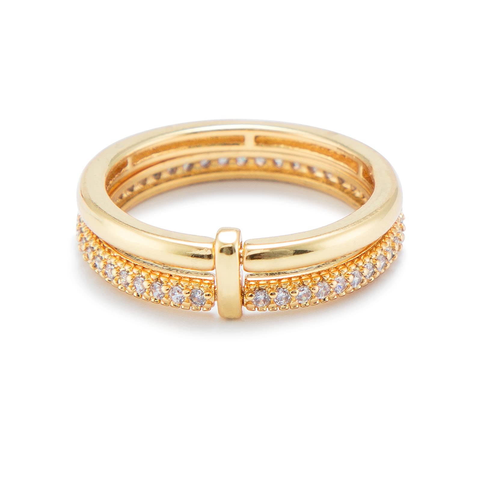 CNLPRE 18k Gold Plated Sparkling Double Round Ring for Women with Cubic Zirconia Simple Promise Anniversary Statement Ring Only One Size