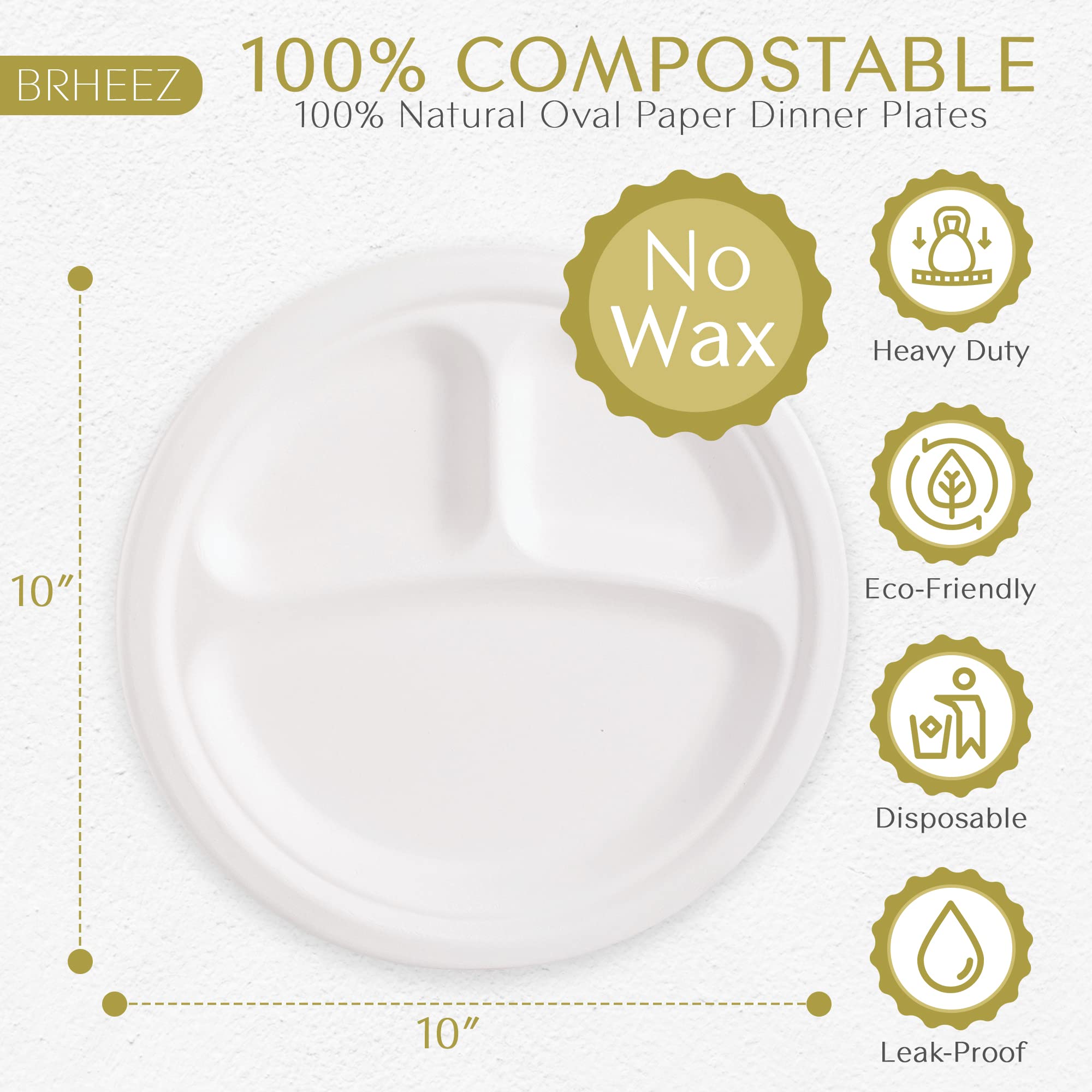 brheez Heavy Duty Round 3 Compartment Disposable Plates [10" inch] Eco-Friendly 100% Natural Bagasse Fiber Biodegradable Compostable Sustainable Paper Alternative Plates [60 Plates] White