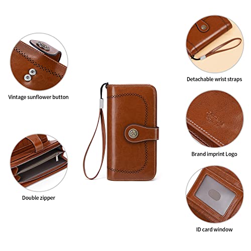 Cnoles Womens Wallet Genuine Leather Large Capacity Wristlet Clutch Purse Credit Card Holder with RFID Blocking Purse Light Brown