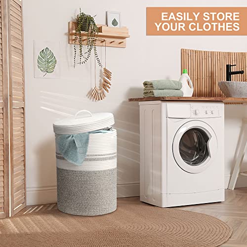 Goodheim Laundry Hamper with Lid, Large Woven Laundry Basket,Blanket and Toy Storage Basket for Living Room, Bedroom, Bathroom, Nursery(Brown and White,55L)