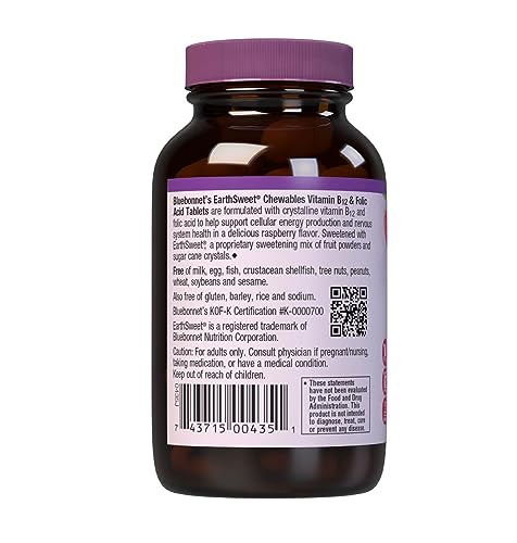 Bluebonnet Nutrition Earth Sweet Vitamin B12 & Folic Acid Chewable Tablets, Cream Raspberry 180 Count (Pack of 1)