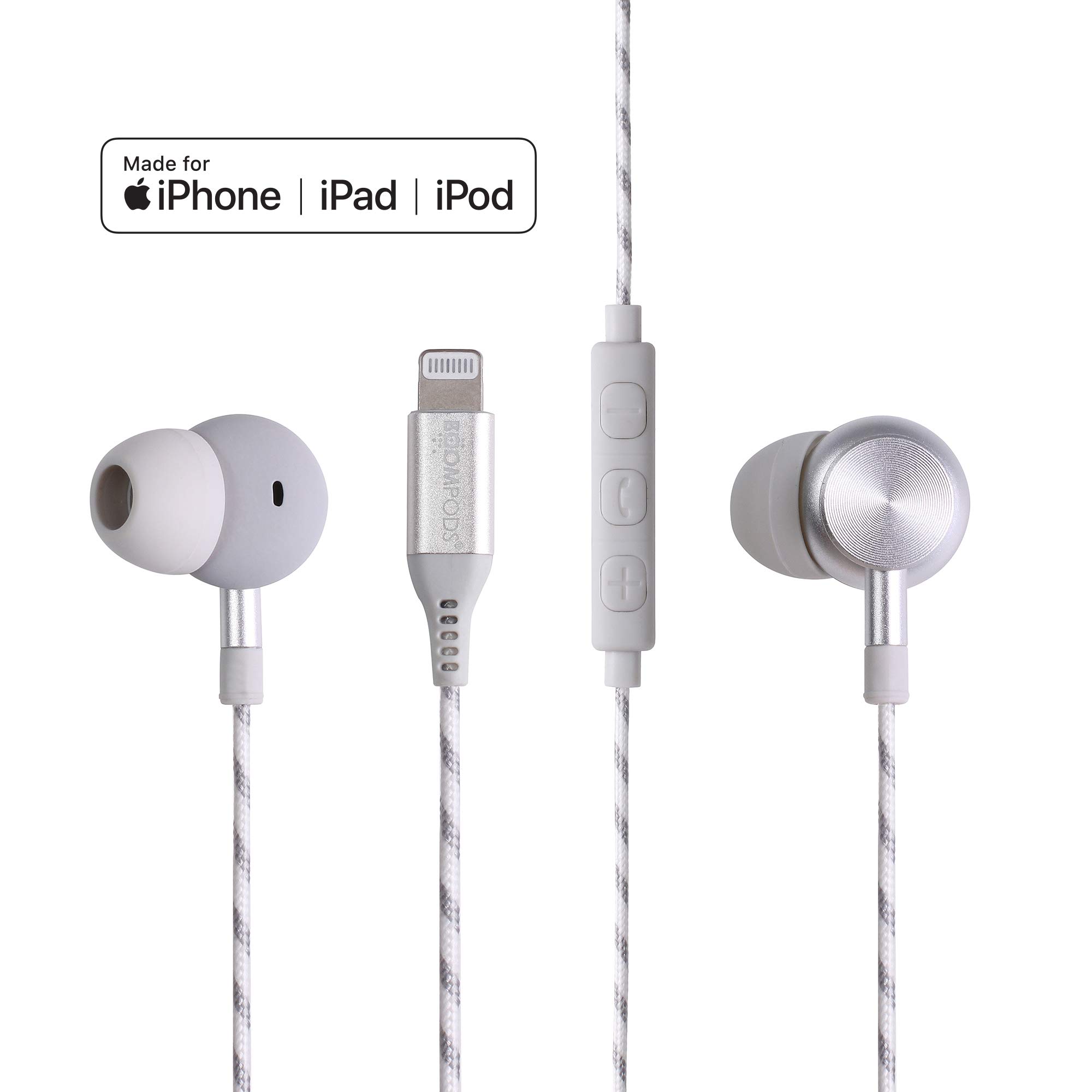 BoomPods Digibuds Lightning MFI Earbuds - Best in-Ear Digital Earbuds with Lightning Connector for iPhone and iPads, Fabric Braided Cable, Sweatproof, with Wired Inline Controls (Titanium)