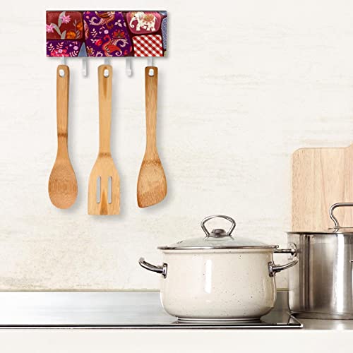 Ethnic Patchwork Elephant Floral Rack Organizer with 5 Hooks Wall Bathroom Kitchen Shelf Rack Multifunctional Storage Shelf