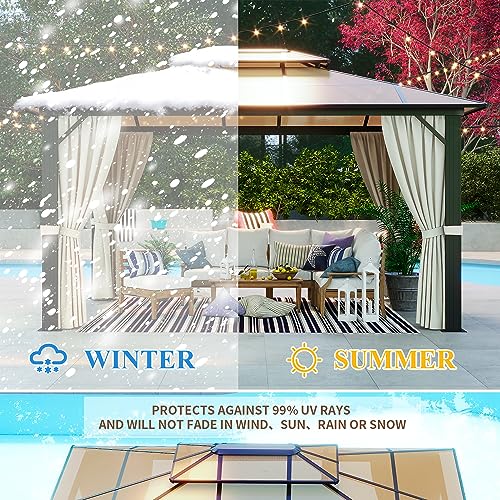 Binplax Hardtop Gazebo Polycarbonate Double Roof Canopy Curtains Aluminum Frame with Netting for Garden, Patio,10' ×13'