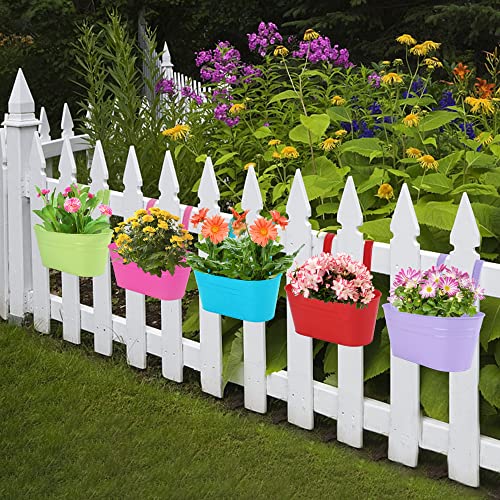 Glory Island 5 Pcs Hanging Flower Pot, Metal Iron Bucket Fence Hanging Planters for Outdoor Plants, Planter Box with Detachable Hooks for Railing Balcony Garden Yard