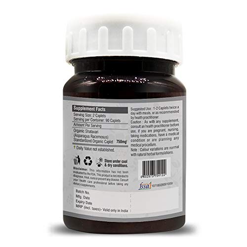 Just Jaivik Organic Shatavari Tablets - A Dietary Supplements - 750 mg (Pack 90 Organic Tablets) | Rejuvenation for Vata and Pitta | Women's Health Supplement
