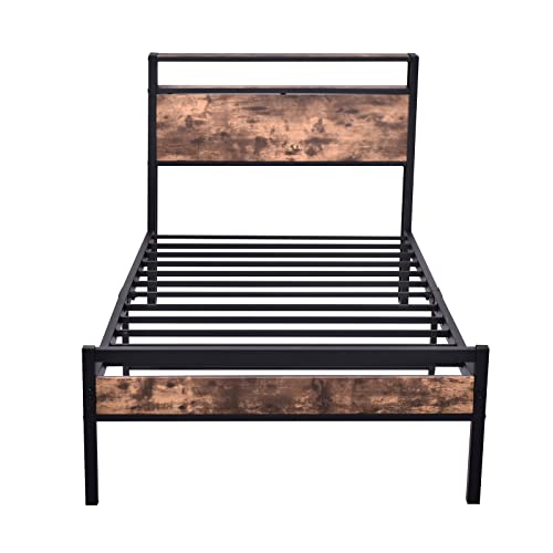 JUYETOA Twin Size Bed Frame with Wooden Headboard and Footboard, Strong Metal Slats Support for Mattress Foundation, No Box Spring Needed, Easy Assembly, Noise Free