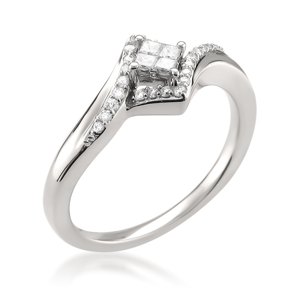 Beyond Brilliance 1/4 Carat Diamond, Invisible-Set 14K White Gold Princess Cut & Round Diamond Invisible-Set Engagement Ring (I-J, I1-I2)