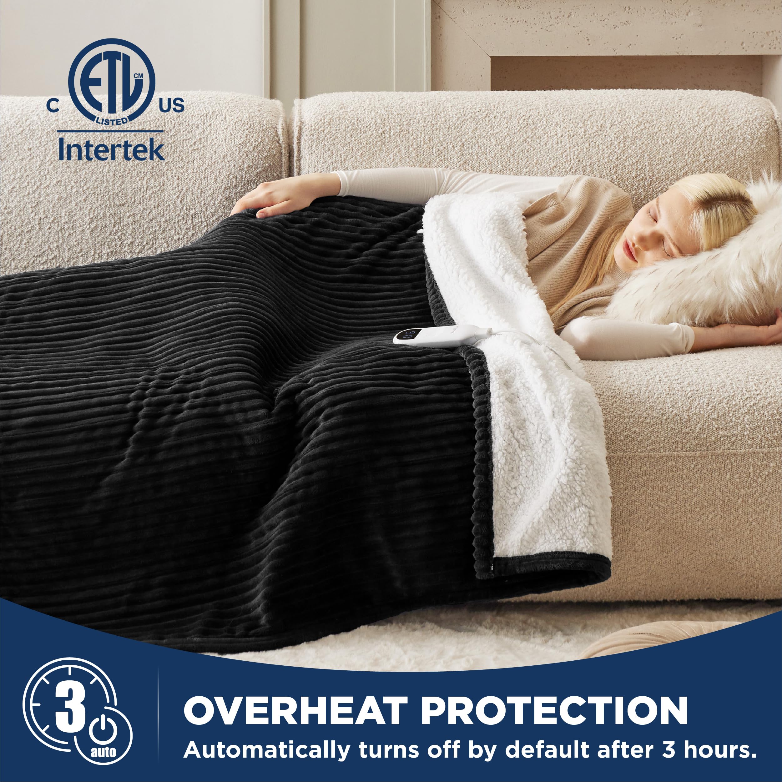 Bedsure Electric Blanket Heated Throw - Soft Ribbed Flannel Heated Blanket, Fast Heating Electric Throw with 6 Heating Levels & 4 Time Settings, 3 Hours Auto-Off (50x60 inches, Black)