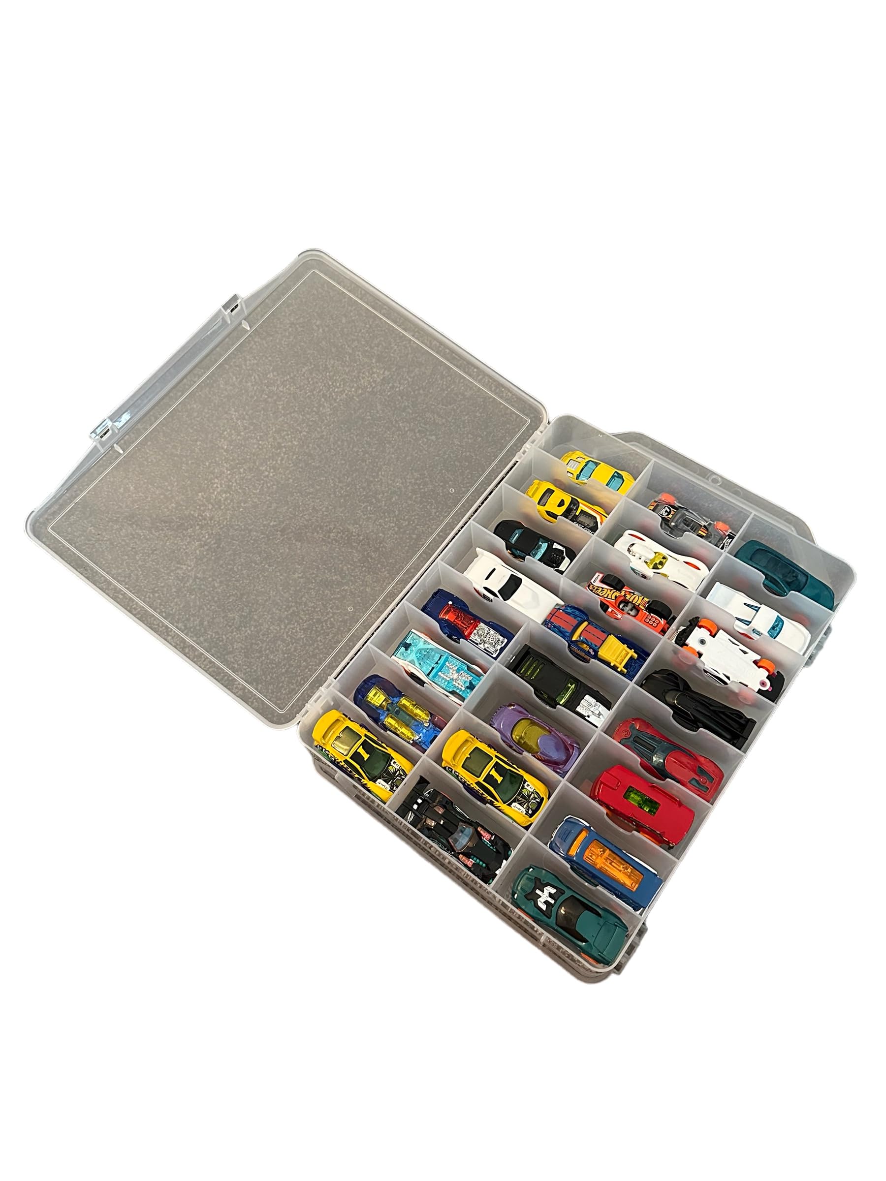 Double Sided Storage Case for 46 Hot Wheels, Matchbox Cars, Small Action Figures, Crafts; Portable Transparent Storage Case with 46 Compartments, Case Only (Transparent)
