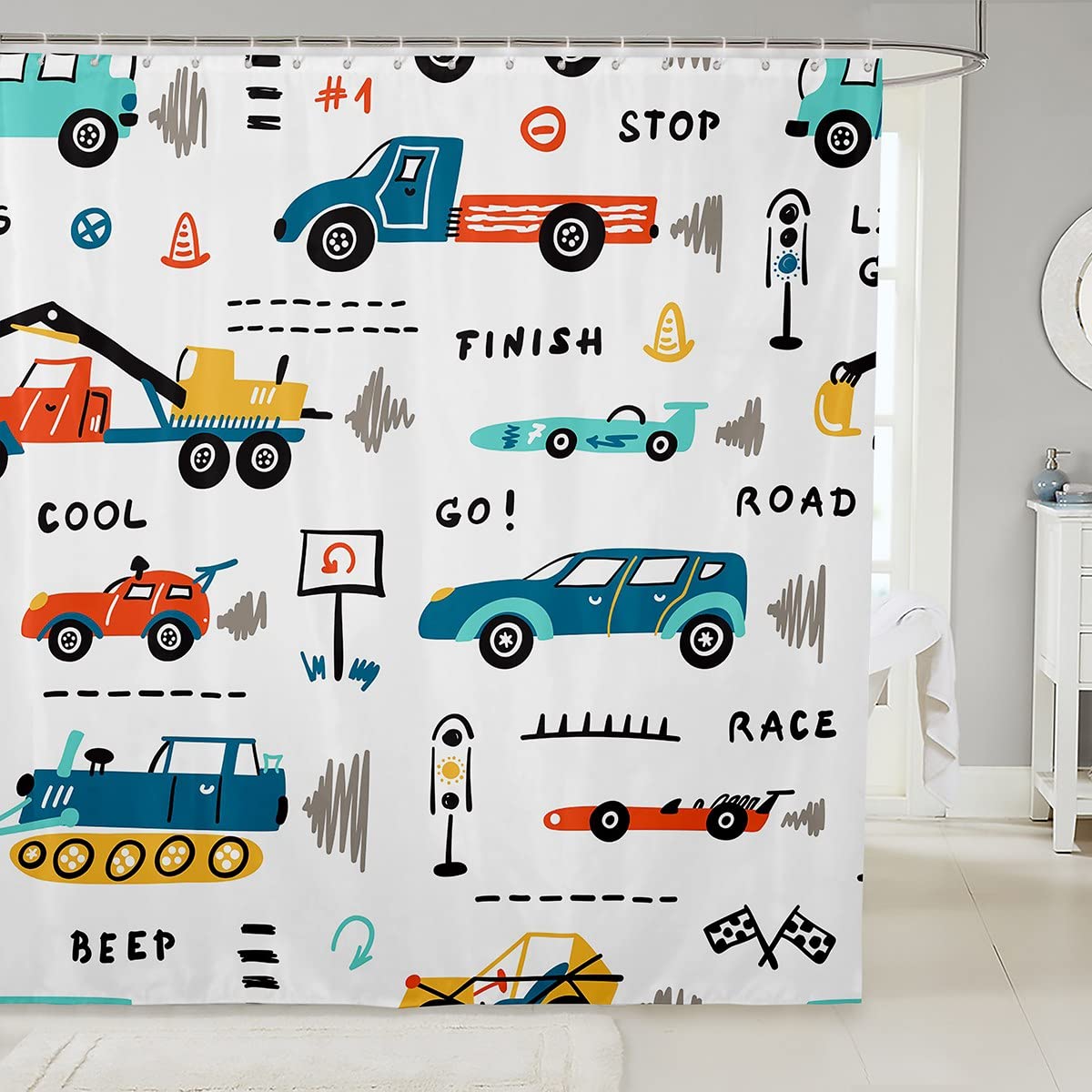 Cartoon Car Boys Shower Curtain Cute Hand Drawn Tractors Truck Bathroom Curtain Colorful Vehicles Waterproof Curtain for Teens Kids Room Decor Modern Traffic Bath Curtain White,12 Hooks,72" Wx78 L