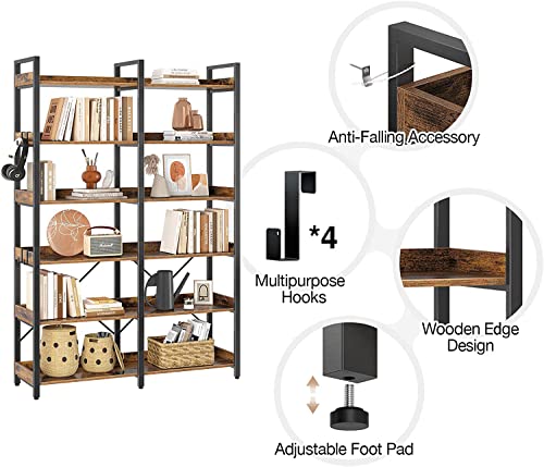 Seventable Bookshelf 6 Tier with 4 Hooks, 69” Industrial Wooden Bookcase, Vintage Storage Rack with Open Shelves, Rustic Standing Bookshelves Metal Frame 47.3” Wide Display Rack, Rustic Brown