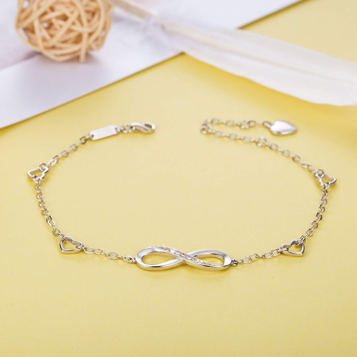 Billie Bijoux Womens 925 Sterling Silver Infinity Endless Love Symbol Charm Adjustable Anklet Bracelet, Large Bracelet, Gift for Mother's Day (A- Silver)