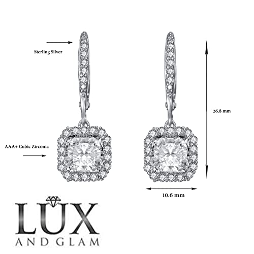 Bridal Simulated Diamond CZ Halo Drop Earrings by Lux and Glam Jewelry - Heart, Round, Square and Triangle Shape (Square - White Gold)