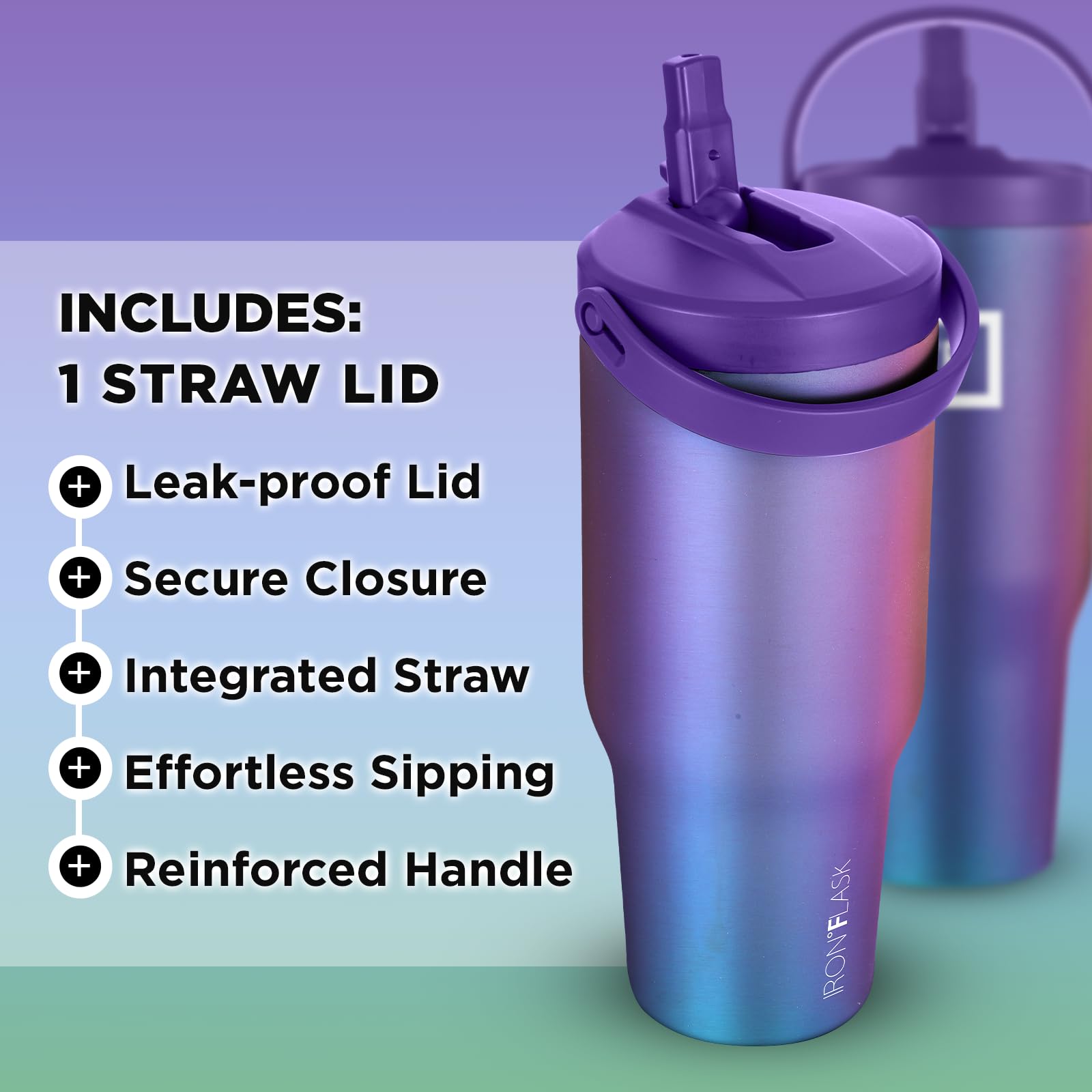 IRON °FLASK Sidekick Insulated Water Tumbler w/Straw & Foldable Handle - Stainless Steel Leak-Proof Bottle, Non-Slip Base & Fits Cup Holders for Hot, Cold Drinks - Travel Mug - 30 Oz, Aurora