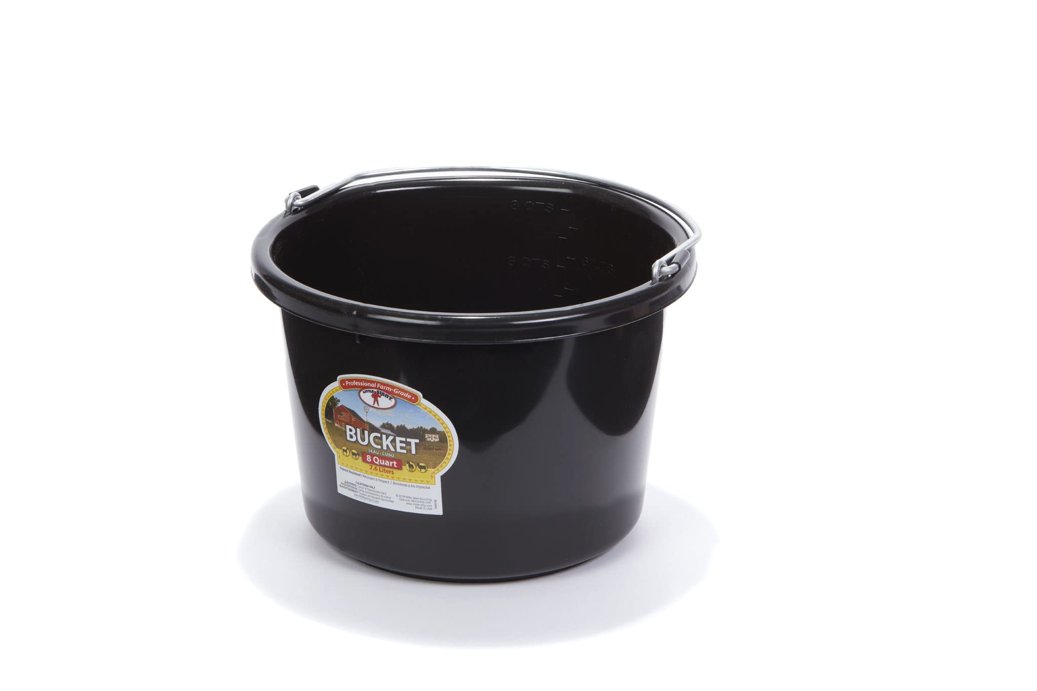 Little Giant® Plastic Animal Feed Bucket | Round Plastic Feed Bucket with Metal Handle | Made in USA | 8 Quarts | Black