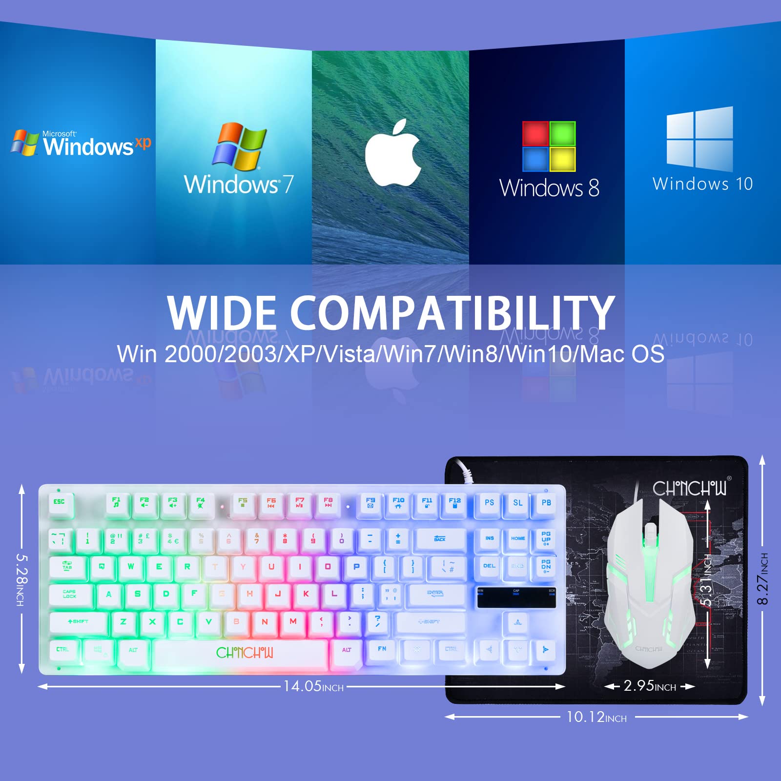Gaming Keyboard 87 Key TKL Wired Keyboard,CHONCHOW Rainbow Led Backlit White Keyboard Mouse 3200DPI Cute Keyboard Combo Compatible with PC Laptop Ps4 Ps5 Xbox Gamer