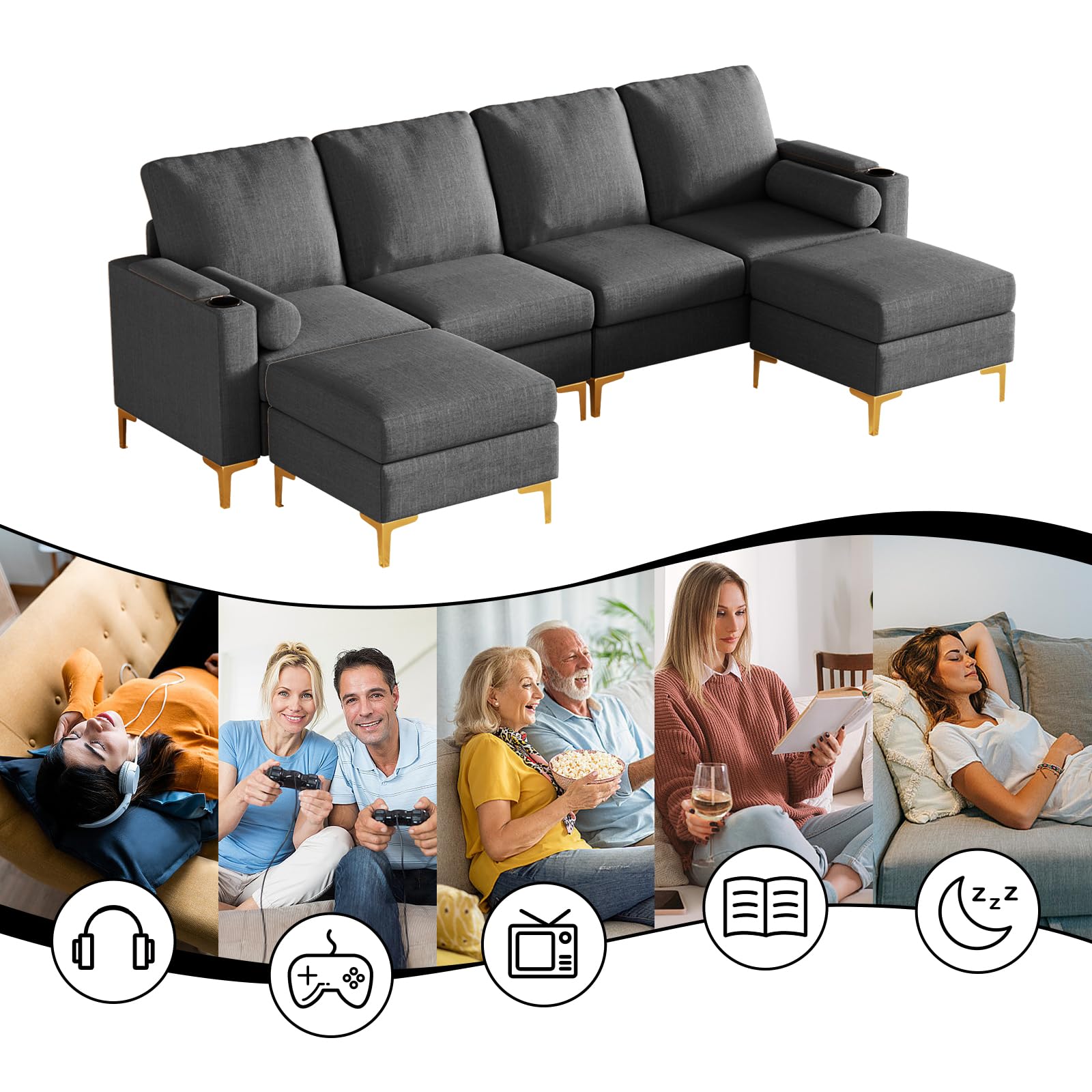 Mjkone Convertible L-Shaped Couch Modular Sectional Sofa with Removable Storage Ottoman & Storage Armrest, Modern Sofa Set Sectional Couch with Cup Holders, 115 Inch Living Room Set - Dark Grey