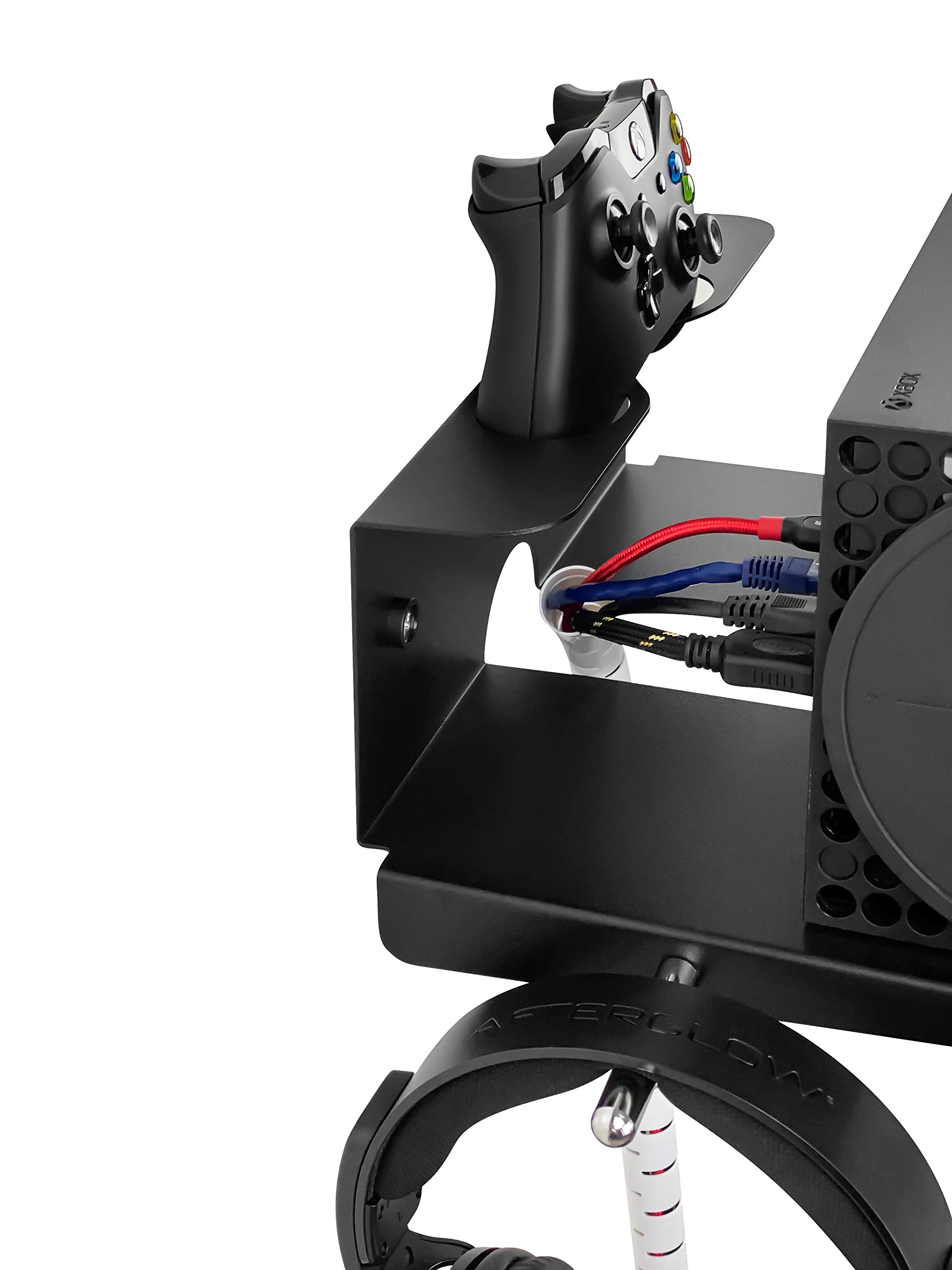 Borangame - Horizontal Wall Mount Compatible with All PlayStation PS4 Models (First Series, Slim and Pro), PS5 & XBOX, Stand in Powder-coated Iron, Space for 2 Pad and 1 Gaming Headphone Holder
