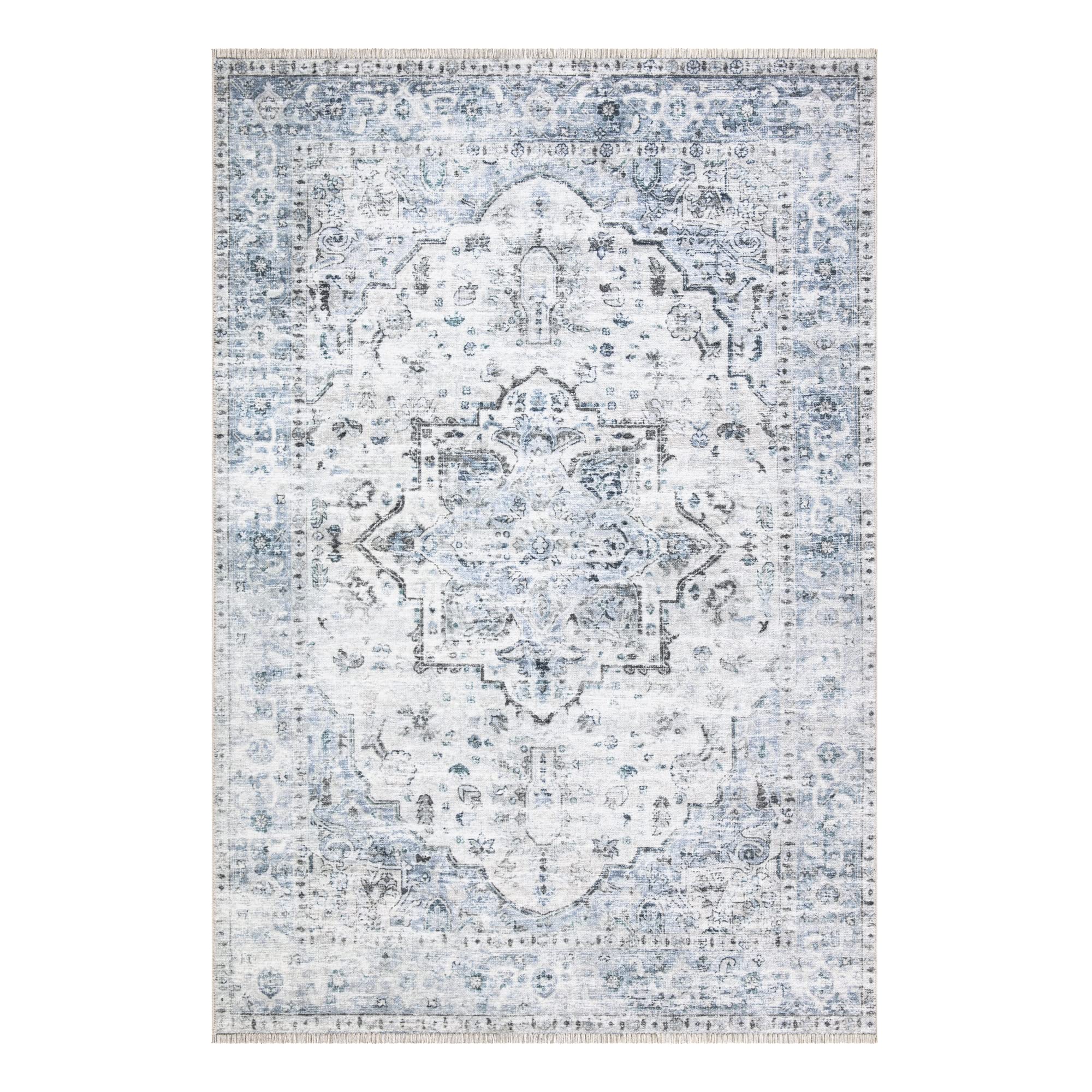 Bloom Rugs Caria Washable Non-Slip 6x9 Rug - Ivory/Blue/Gray Traditional Area Rug for Living Room, Bedroom, Dining Room, and Kitchen - Exact size: 6' x 9'