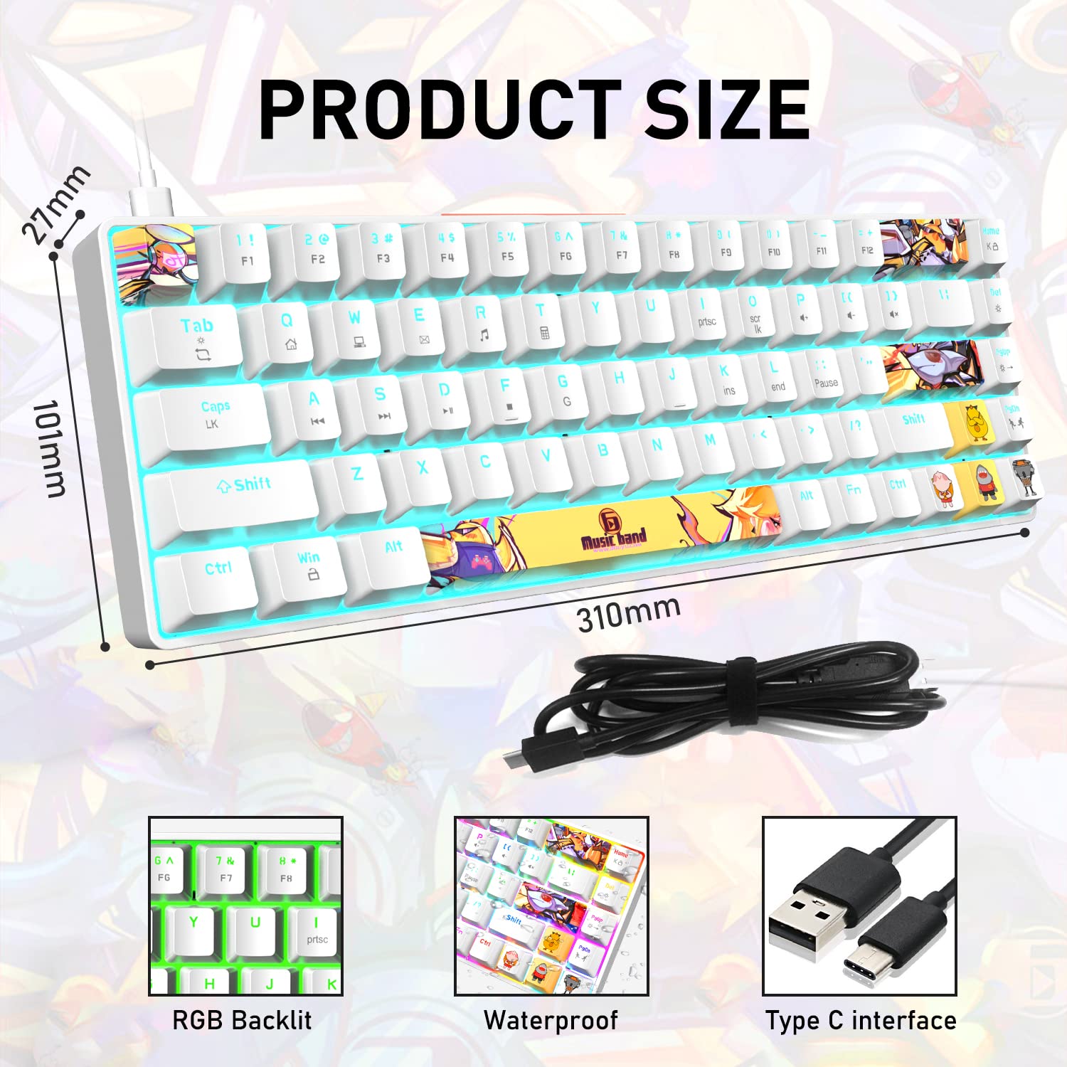 Portable 60% Mechanical Gaming Keyboard 18 Chroma RGB Backlit Ultra-Compact 68 Keys Dye Sublimation PBT Ergonomic Full Keys Anti-ghosting Compatible with PS4,PS5,PC,Gamers,Typist(White/Red Switch)